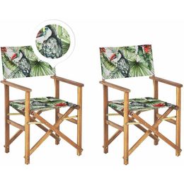 Beliani Gartenstühle 2er Set Hellbraunes Akazienholz mit Wechselbarem Bezug Grau / Bunt Zusammenklappbar Tukanmuster Outdoor Gartenzubehör - Weiß