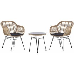 Beliani Balkonset Natürlich Rattan 2 Sessel mit Armlehnen Runder Tisch Sicherheitsglas Auflagen Schwarz Stahlgestell Terasse Balkon Garten Boho - Schwarz