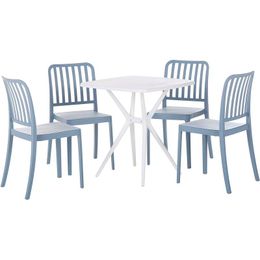 Beliani - Gartenmöbel Set Blau und Weiß aus Kunststoff Tisch Quadratisch mit 4 Stühlen Stapelbar Praktisch Klein Outdoor Terrasse Balkon Garten Möbel