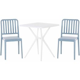 Beliani Bistroset Blau und Weiß aus Kunststoff Tisch Quadratisch mit 2 Stühlen Stapelbar Praktisch Klein Outdoor Terrasse Balkon Garten Möbel - Blau
