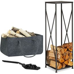 Relaxdays 3 tlg. Kamin-Set, Kaminholztasche, Kaminholzregal, Kohlenschaufel, Filz, Stahl, faltbar, pulverbeschichtet, schwarz/grau