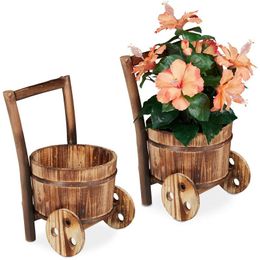 Relaxdays - Pflanzschubkarre Holz, 2 Stück, Gartendeko, Vintage Design, Blumenkarre zum Bepflanzen, hbt 33x20x20 cm, natur