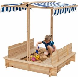 Costway - Sandkasten aus Holz, Sandbox mit verstellbarem Dach & seitlicher Sitzbank, bodenloses Design, Sandkiste für Kinder 110x107x121cm