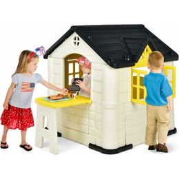 Kinder Spielhaus für bis zu 6 mit Pickniktisch, Türen & Fenstern, Outdoor inkl. Spielzeugset und Regenschutzhülle, 164 x 124 x 132 cm Gelb - Costway