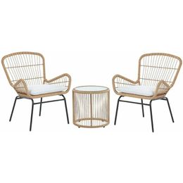 Beliani Balkonset Hellbraun Rattan Stahl Sicherheitsglas 2 Stühle Beistellstisch mit Auflagen Balkon Terrasse Garten - Schwarz