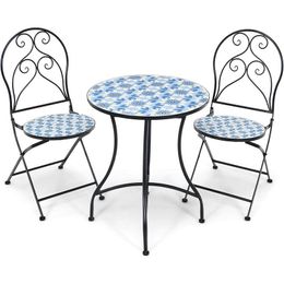 Costway - 3tlg. Mosaik Bistroset klappbar, Bistrotisch mit 2 Stühle Balkonset, Sitzgarnitur Mosaiktisch Sitzgruppe Gartentisch Blau