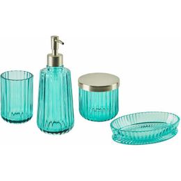 Beliani 4-teiliges Badezimmer-Set Glas Türkis Seifenspender Seifenschale Zahnbürstenhalter Becher Eleganter Moderner Stil Badzubehör für wc Toilette - Silber