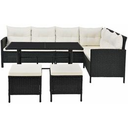 Polyrattan Lounge Manacor – Gartenlounge mit Sofa, Tisch, 2 Hocker & Kissen – Gartenmöbel Set bis 7 Personen – Schwarz, Sitzbezüge in Creme - Juskys