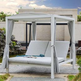 Home Deluxe Sonnenliege - lyon, Maße: ca. 208 x 188 x 207 cm, Farbe: Weiß, Loungebett für 2 Personen, inkl. Vorhänge und Sonnendach i Gartenliege Doppelliege