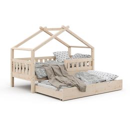 Kinderbett "Design" 160x80cm Natur mit Gästebett und Rausfallschutz Vitalispa