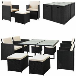 Casaria - Poly Rattan 9 tlg Sitzgruppe Cube 4 Stühle 4 Hocker Auflagen & Kissen Tisch 120x120cm Platzsparend Gartenmöbel Set