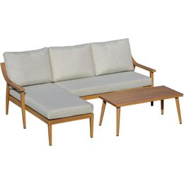 Outsunny - 3 teiliges Gartenmöbel Set mit Chaiselongue, Doppelsofa, Beistelltisch & Kissen, Khaki - Naturholz