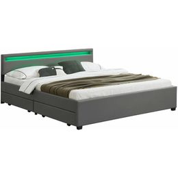 Led Polsterbett Lyon mit Bettkasten – Bettgestell aus Holz & Kunstleder mit Lattenrost – Doppelbett Schlafzimmer Möbel – 180 x 200 cm - grau - Juskys