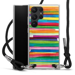 DeinDesign Handyhülle Streifen Wasserfarbe bunt Colorful Stripes1, Samsung Galaxy S23 Ultra Handykette Hülle mit Band Case zum Umhängen, weiß