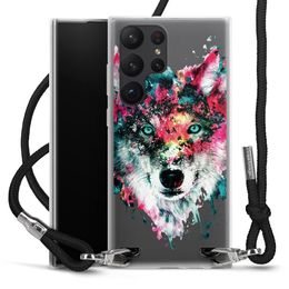 DeinDesign Handyhülle Riza Peker Wolf bunt Wolve ohne Hintergrund, Samsung Galaxy S23 Ultra Handykette Hülle mit Band Case zum Umhängen, weiß