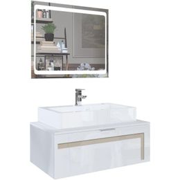 Vladon Badezimmer Schrank Waschtisch Waschbecken Unterschrank Spiegel LED Aloha V2 Weiß - Absetzungen in Sandgrau Hochglanz mit Waschbecken, Spiegel
