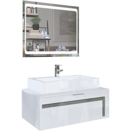 Vladon Badezimmer Schrank Waschtisch Waschbecken Unterschrank Spiegel LED Aloha V2 Weiß - Absetzungen in Grau Hochglanz mit Waschbecken & Spiegel,