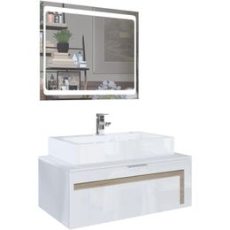 Vladon Badezimmer Schrank Waschtisch Waschbecken Unterschrank Spiegel LED Aloha V2 Weiß - Absetzungen in Eiche sägerau mit Waschbecken & Spiegel,