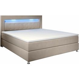 Boxspringbett Vancouver – Einzelbett mit LED-Beleuchtung, Topper & Bonell-Federkern-Matratze – Bett Polsterbett mit Stoff - 120x200 cm Beige - Juskys