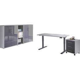 Büromöbel-Set BMG MÖBEL "Tabor" Arbeitsmöbel-Sets grau (lichtgrau, anthrazit hochglanz) Büromöbel-Sets mit elektrisch höhenverstellbarem Schreibtisch
