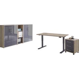 Büromöbel-Set BMG MÖBEL "Tabor" Arbeitsmöbel-Sets grau (eiche sonoma, anthrazit hochglanz) Büromöbel-Sets mit elektrisch höhenverstellbarem Schreibtisch
