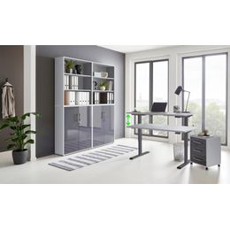 Büromöbel-Set BMG MÖBEL "Tabor" Arbeitsmöbel-Sets grau (lichtgrau, anthrazit hochglanz) Büromöbel-Sets mit elektrisch höhenverstellbarem Schreibtisch