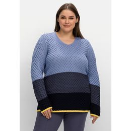 sheego Große Größen: Pullover im Wabenstrickmuster, mit Blockstreifen, indigo gestreift, Gr.48/50