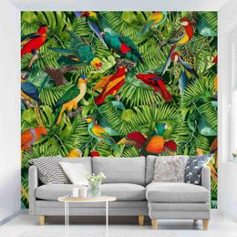 MICASIA Fototapete - Bunte Collage - Papageien im Dschungel - Fototapete Quadrat Größe HxB: 192cm x 192cm