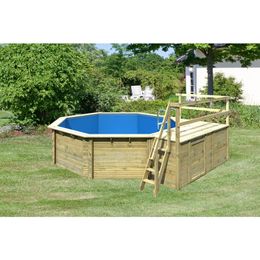 Karibu Achteck Massivholz Pool 428 x 428 x 124 cm Modell 2C SET inkl. Sonnenterrasse 96 x 199 cm, Zubehör und Pool Leitern