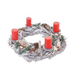 MCW Tischkranz XXL rund, Weihnachtsdeko Adventskranz, Holz Ø 48cm weiß-grau ~ mit Kerzen, rot
