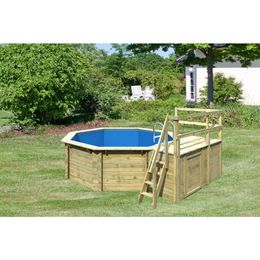 Karibu Achteck Massivholz Pool 358 x 358 x 124 cm Modell 1C SET inkl. Sonnenterrasse 96 x 199 cm, Zubehör und Pool Leitern