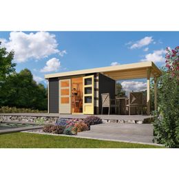 Karibu Gartenhaus Calabar 4 SET in terragrau mit Boden, Anbaudach, Dachfolie