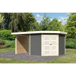 Karibu Gartenhaus "Taraba 5" SET terragrau mit Boden, Dachfolie, Anbaudach 2,40 m Breite