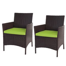 MCW 2er-Set Poly-Rattan Gartensessel Hamar, Korbsessel ~ braun-meliert, Kissen grün