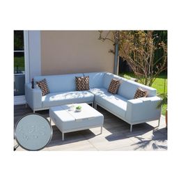 Alu-Garten-Garnitur MCW-C47, Sofa, Outdoor Stoff/Textil ~ blau mit Ablage, Kissen braun