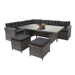 Poly-Rattan-Garnitur MCW-A29, Gartengarnitur Sitzgruppe Lounge-Esstisch-Set Sofa ~ grau, Kissen grau + 2x Hocker
