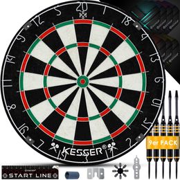 Kesser® Dartscheibe kork mit 9 Dartpfeile Professional Dartboard + 21 Pro Flights + Zubehör Steeldart Offizielles Dartscheibe 9 Pfeilen Metallspitze Profi Steeldartscheibe - Dartboard inkl. Montageset