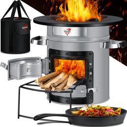 Kesser® Raketenofen Inkl. Grillpfanne aus Gusseisen mit Tragetasche, Dutch Oven BBQ Rakete Holzofen Camping Campingkocher Campinggrill, Edelstahl