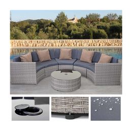 Poly-Rattan Garnitur rund MCW-E17, Garten-Set Sitzgruppe ~ grau, Polster dunkelgrau, Kissen beige