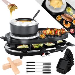 Kesser® 3in1 Raclette-Grill mit Naturgrillstein, Grillplatte und Fondue, Tischgrill für 8 Personen, Elektrogrill Raclette Grill antihaftbeschichteter Grillplatte, 8 Pfannen und Holzspatel