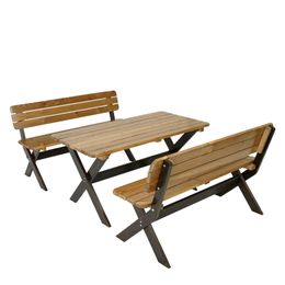 Gartengarnitur MCW-J83, Tisch + 2x Bank Sitzgruppe, Massiv-Holz MVG-zertifiziert ~ braun, Kiefer dunkelbraun