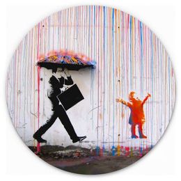K&L WALL ART K&l Wall Art - Alu-Dibond-Poster Rund Metalloptik Wandbild Coloured Rain Graffiti Straßenkunst Regen Banksy ø 30cm - weiß