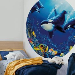 K&L WALL ART Runde Fototapete Orcas Tapete Ozean Orcas Vliestapete Kinderzimmer Wandbild ø 140cm - blau