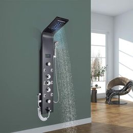 Edelstahl Duschpaneel LED Duschset Duscharmatur 6 Funktion Wassertemperatur Display mit Regenduschkopf Wasserfallduschkopf 8 Massagedüse ABS