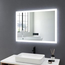 Meykoers - Badspiegel mit Beleuchtung 80x60cm Badezimmerspiegel, Badspiegel mit Beschlagfrei, Bluetooth, Uhr, Dimmbar, Touch-Schalterd Wandspiegel