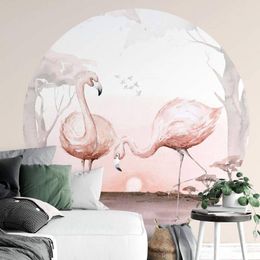 K&L WALL ART Runde Fototapete Kvilis Flamingos Tapete Sonnenuntergang Vliestapete Vögel Wandbild ø 140cm - rosa