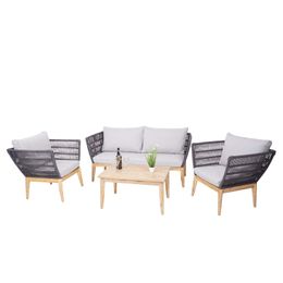 Gartengarnitur MCW-H55, Lounge-Set Sofa Sitzgruppe, Seilgeflecht Rope Holz Akazie Spun Poly MVG ~ Kissen hellgrau