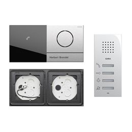 GIRA 106 System 2-fach Gegensprechanlagen Set Edelstahl V4A mit Anzeigemodul und Sprachmodul mit 1 RT Edelstahl + Wohnungsstation AP 125003 mit Gravur