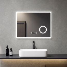 Badspiegel mit Beleuchtung 80x60cm, Badezimmerspiegel mit Beschlagfrei, Uhr, Touch Schalter und 3-fach Lupe, Kaltweiß Wandspiegel IP44 - Meykoers