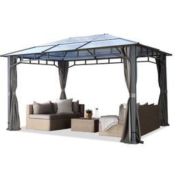 Gartenpavillon 3x4 m wasserdicht alu deluxe Polycarbonat Dach 8mm Pavillon 4 Seitenteile Partyzelt grau 9x9 cm Profil - loft grey